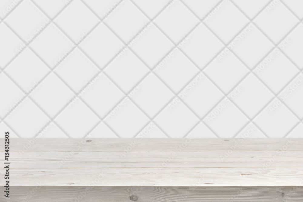 Blurred white tile wall background with wooden planks in front Stock ...