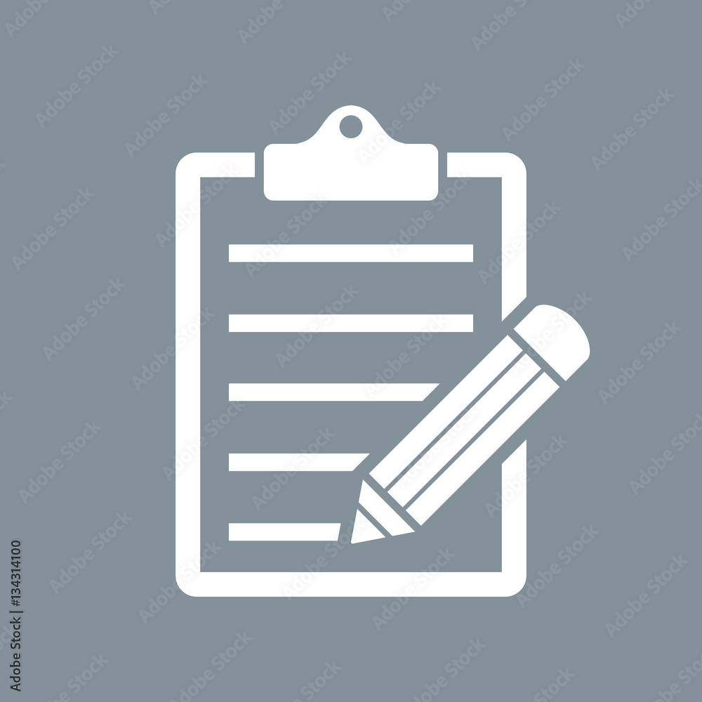 Clipboard and pencil icon on gray background, flat design style. Vector ...