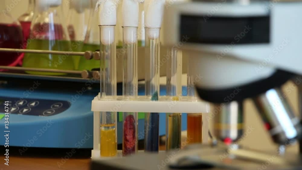 Laboratory equipment overview by panning. Focus changes from laboratory ...