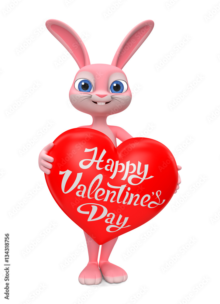 Cheerful rabbit with a big red heart on a white background. 3d r Stock ...