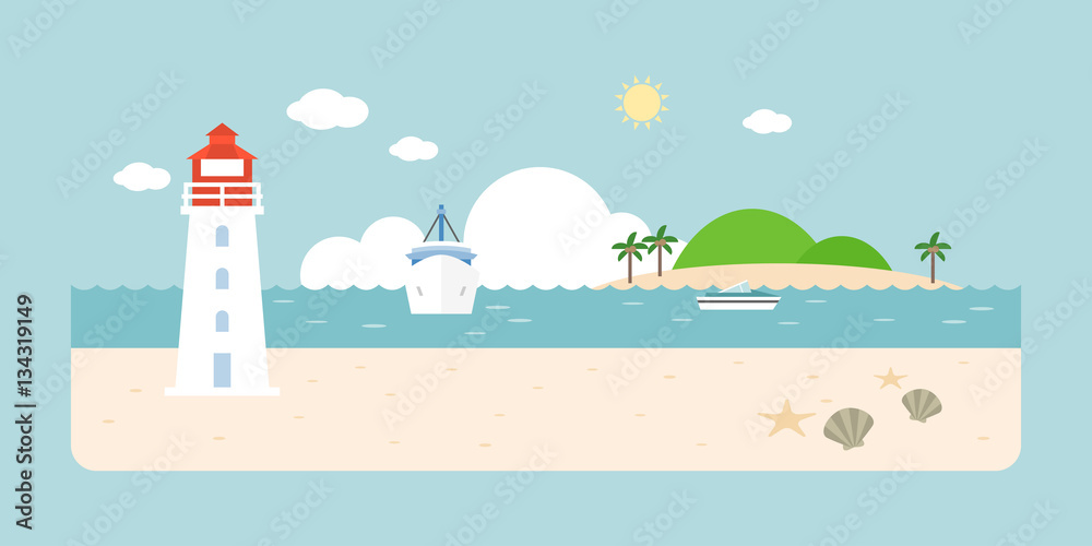 Info graphic and elements of lighthouse, sea, beach and coastal ...