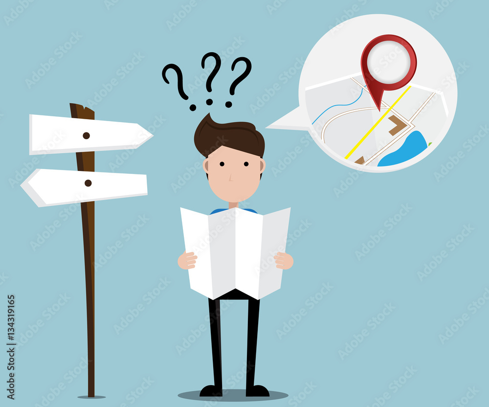 tourist man confuse at cross road with map in hand Stock Vector | Adobe ...