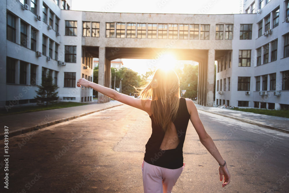 Freedom - woman happy. Free cheering girl with arms raised enjoying ...
