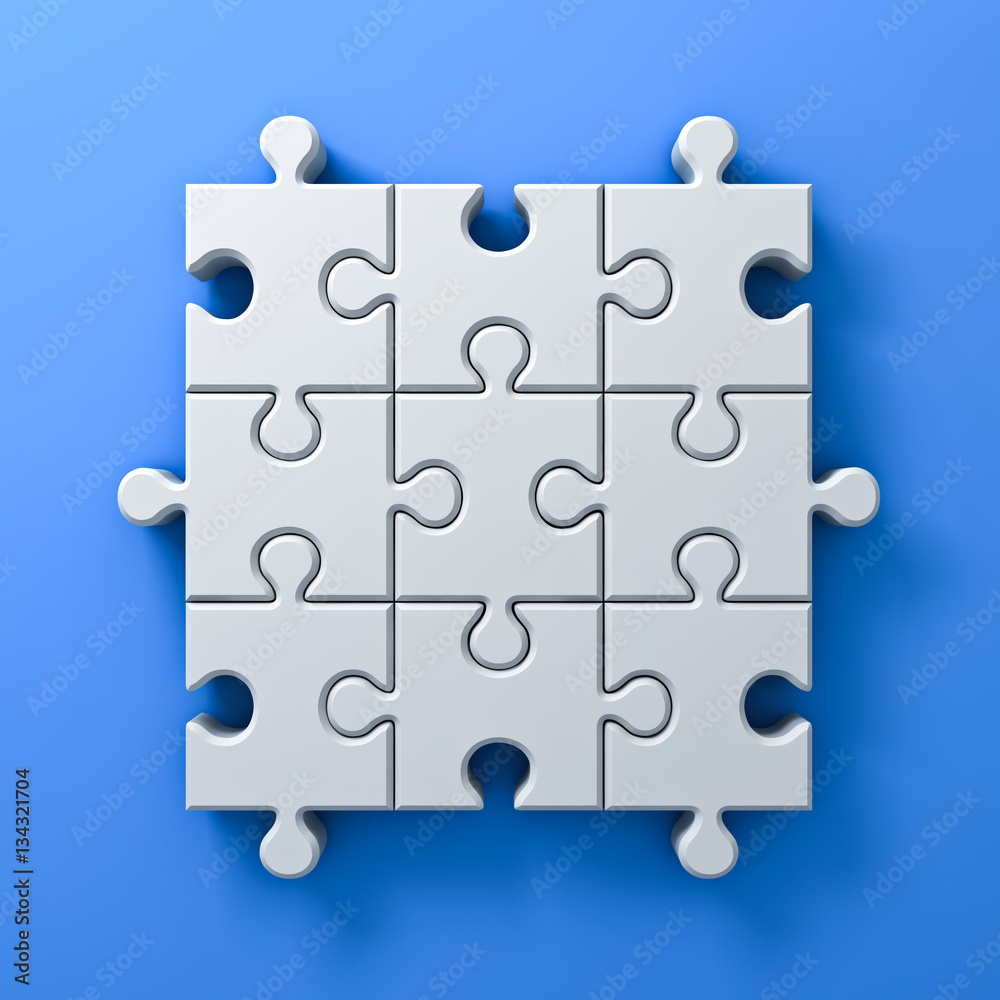 3d white jigsaw puzzle pieces concept on blue wall background with ...