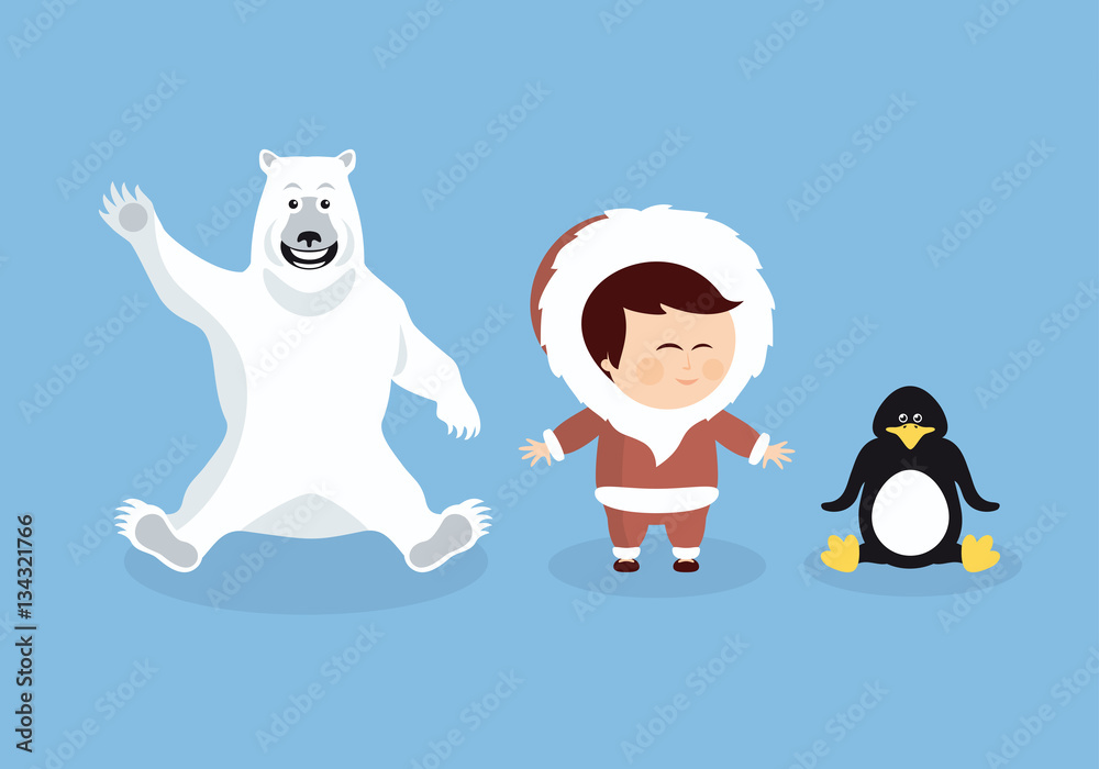 Cartoon polar animals and people. Cartoon character Eskimo, polar bear ...