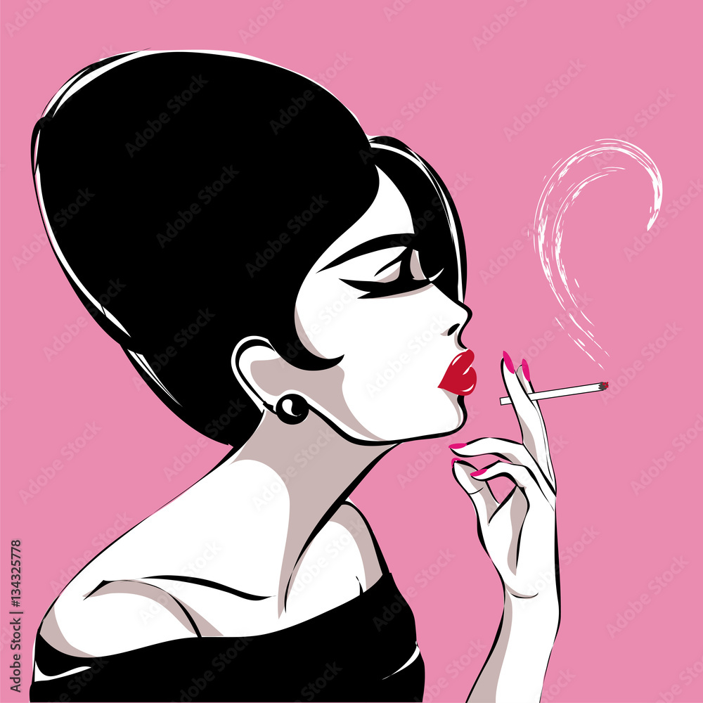Retro black and white fashion woman profile portrait, smoking girl ...