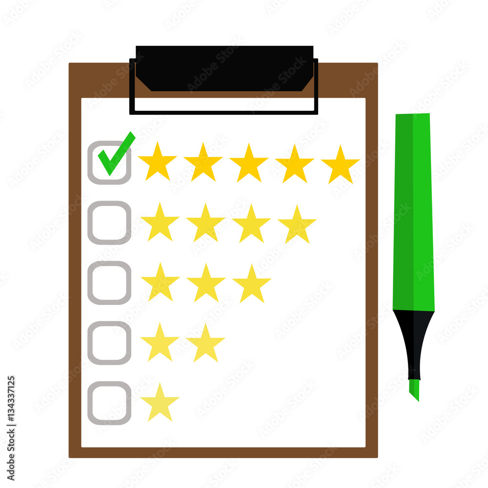 Clipboard with rating stars and felt pen. Quality control, customers ...