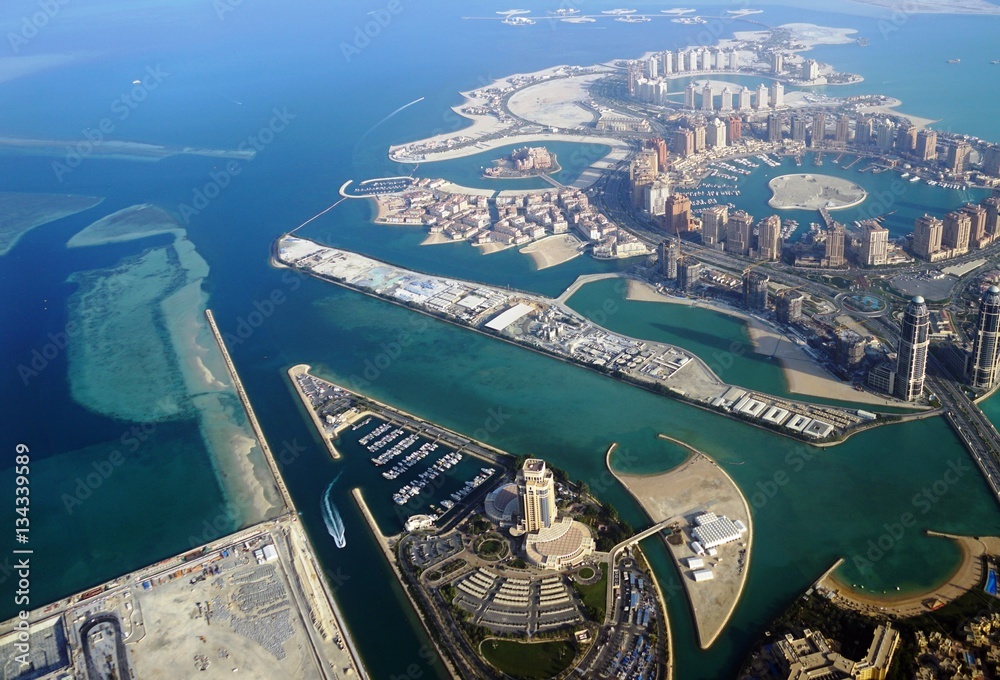 Aerial view of the The Pearl Qatar, a new neighborhood in Doha built on ...