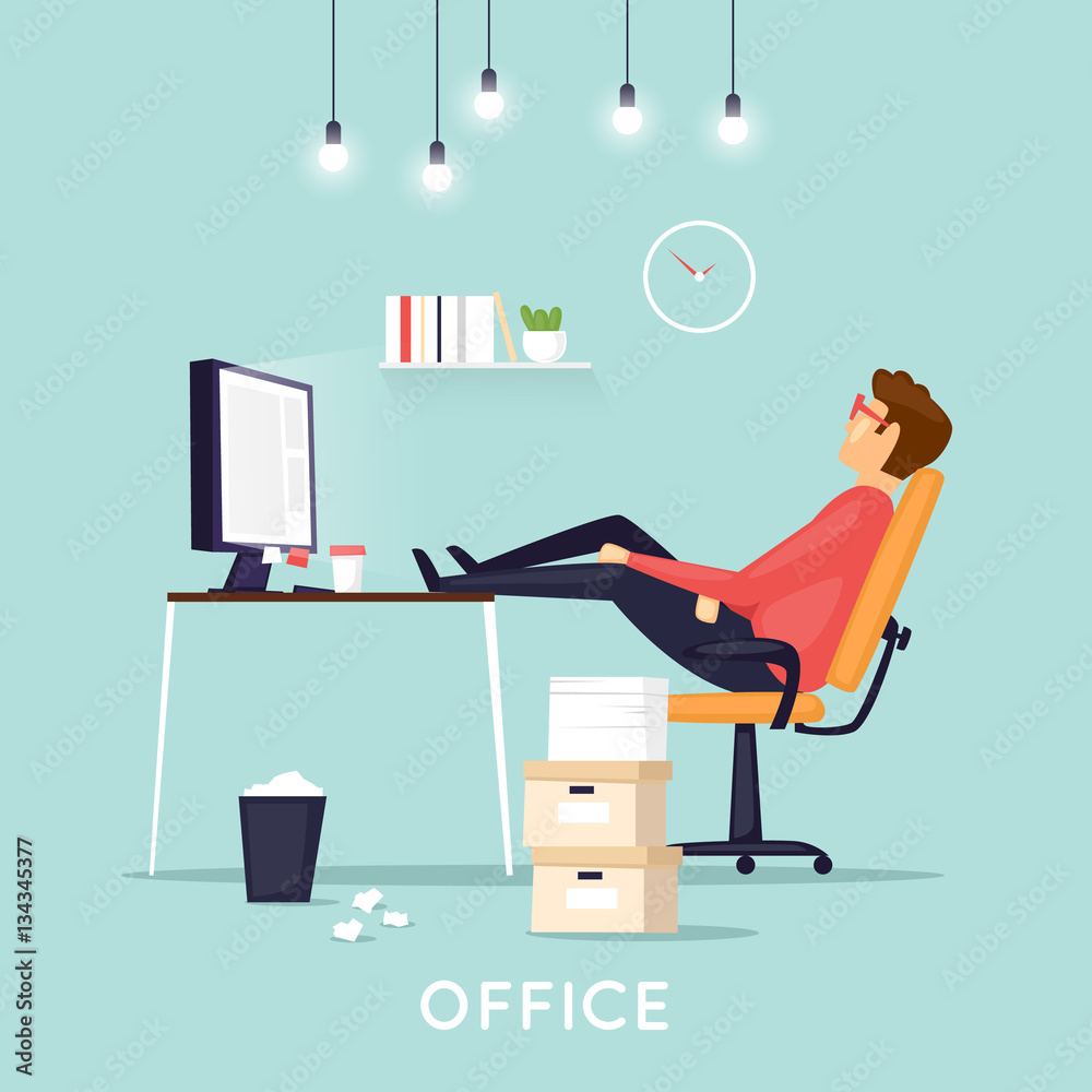Tired employee sleeping in the office. Flat vector illustration in ...