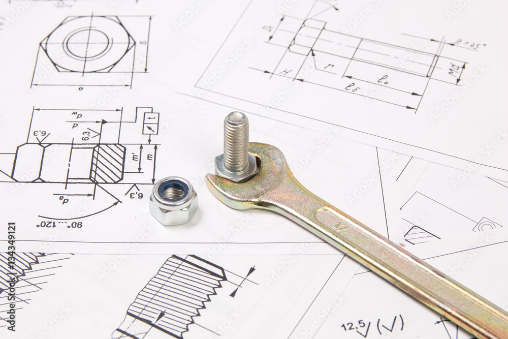 Technical drawings of bolts and nuts. Engineering, technology and metalworking. Metal bolts ...