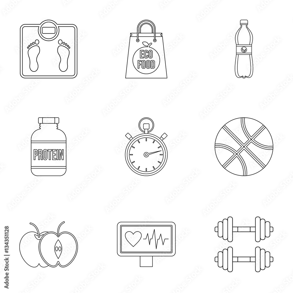 Workout icons set, outline style Stock Vector | Adobe Stock