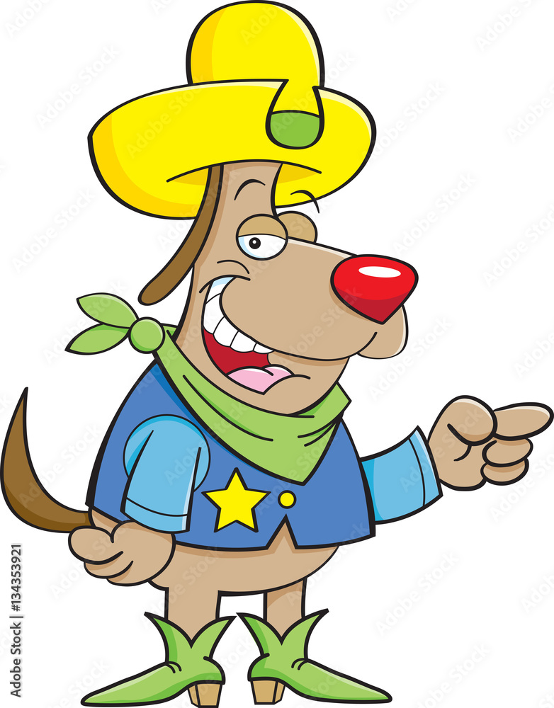 Cartoon illustration of a dog dressed as a cowboy and pointing. Stock ...