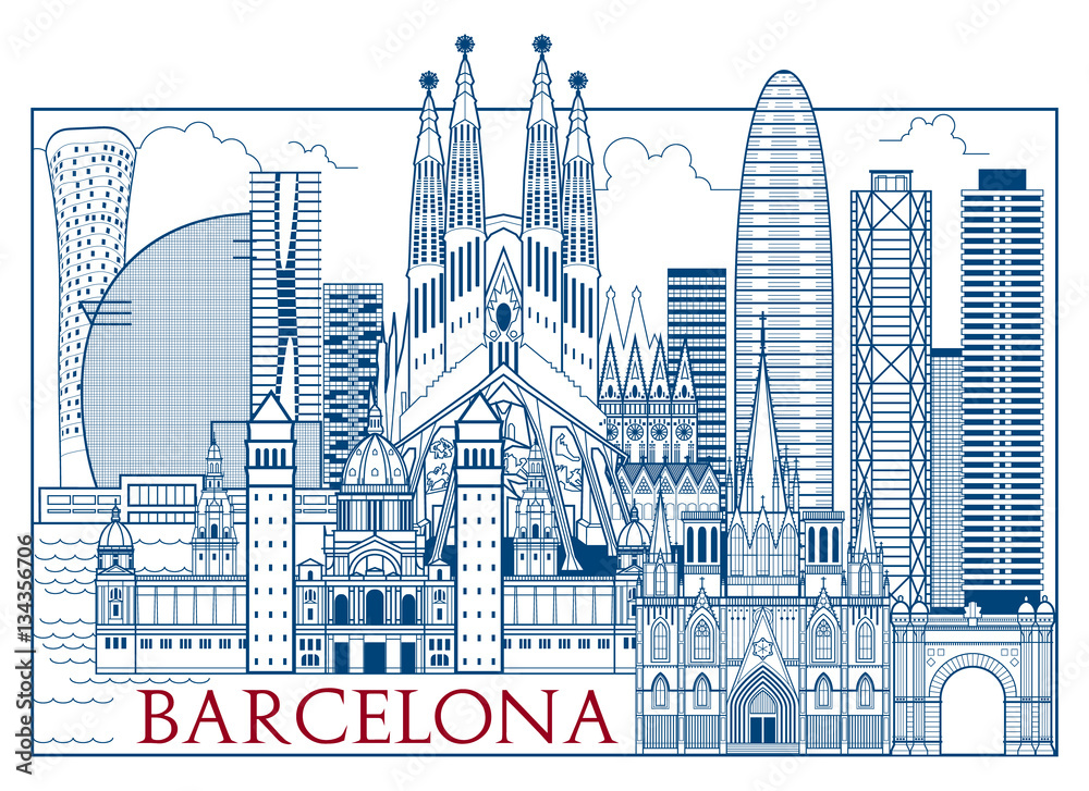 Barcelona Attractions. Handmade drawing vector illustration. All ...