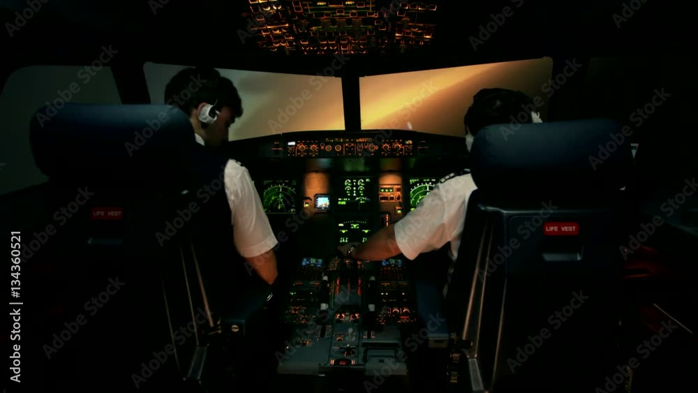 Modern passenger plane change course and start to descent. Sunset view ...