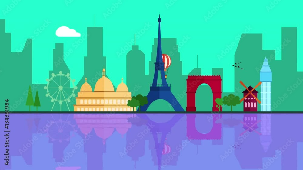 Animation of Paris detailed Skyline. colorful cartoon Paris Background ...