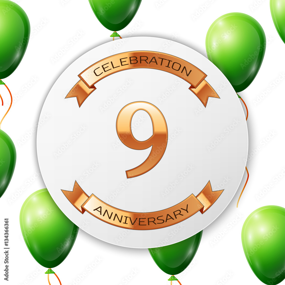 Golden number nine years anniversary celebration on white circle paper ...