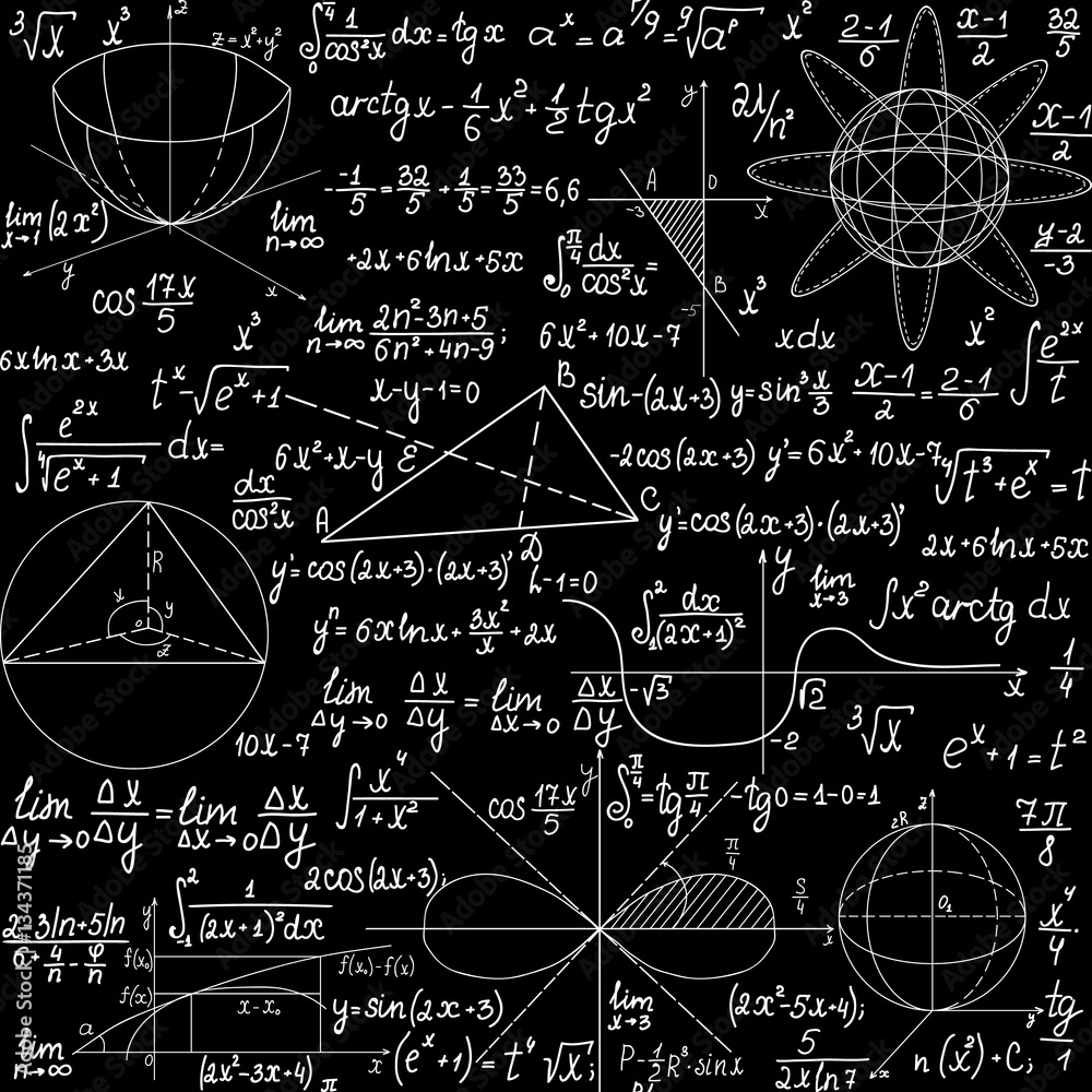 Mathematical Vector Seamless Pattern With Handwritten Formulas Calculations And Geometrical