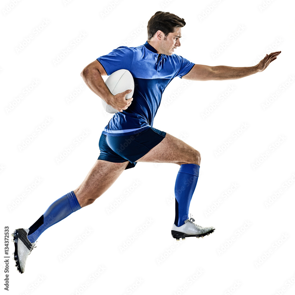 one caucasian rugby player man studio isolated on white background ...