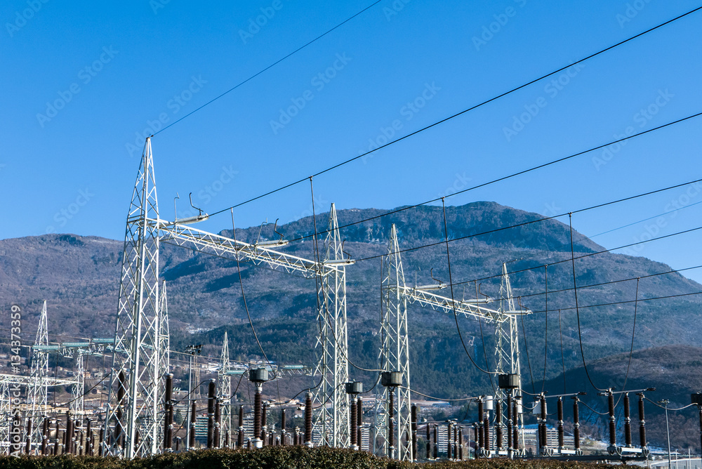 Angle view of infrastructure of electrical substation distributing ...