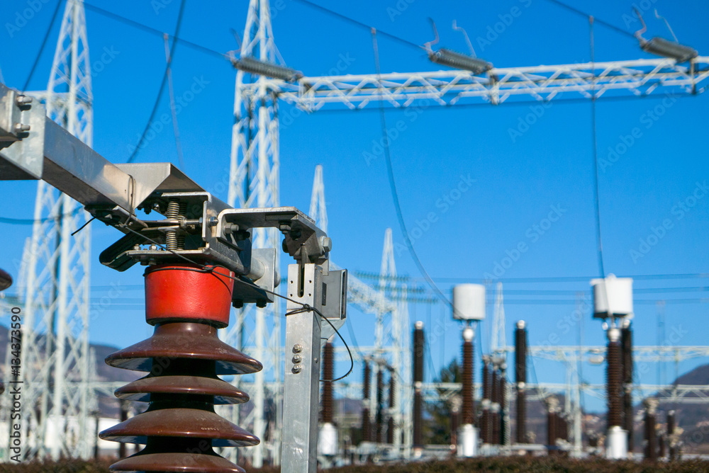 Electrical substation infrastructure with close up on electrical Stock ...