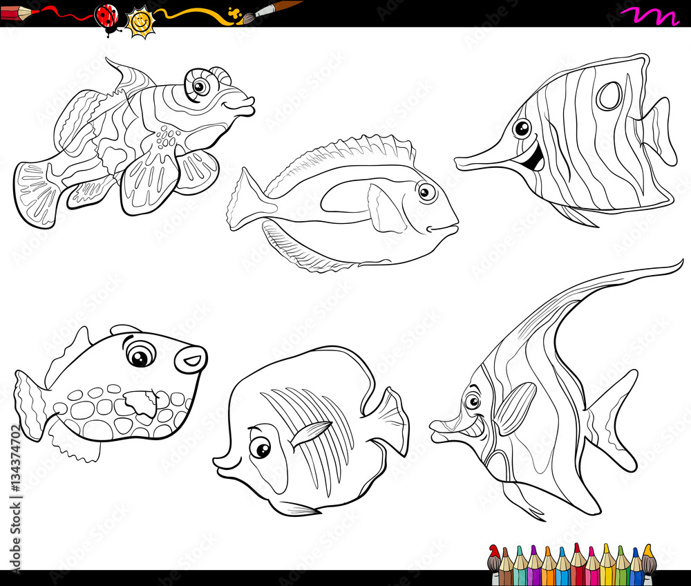 cartoon fish set coloring page Stock Vector | Adobe Stock
