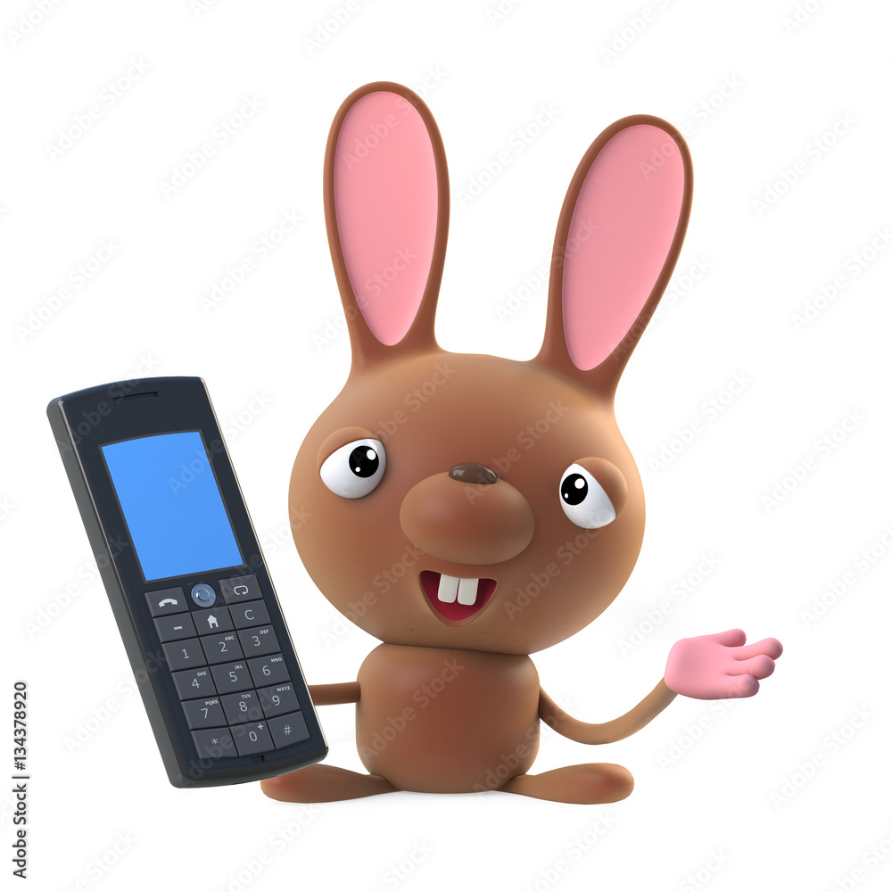 3d Cute cartoon Easter bunny rabbit character chats on a cellphone ...