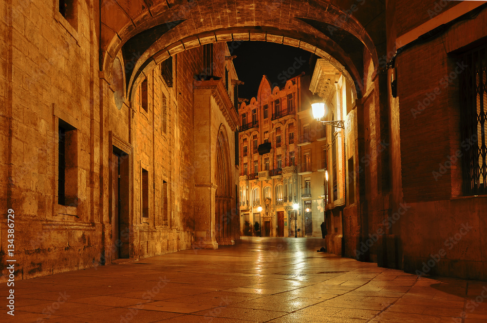 Spain. Valencia. Night cityscape in the historical streets. Old town ...