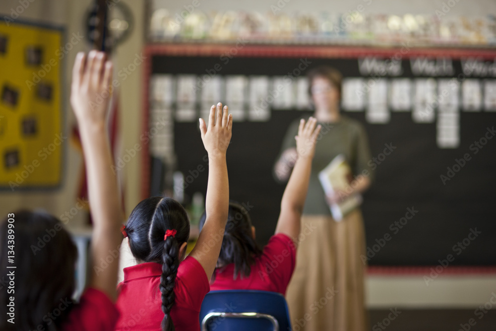 Students with their hands raised in a classroom Stock Photo | Adobe Stock