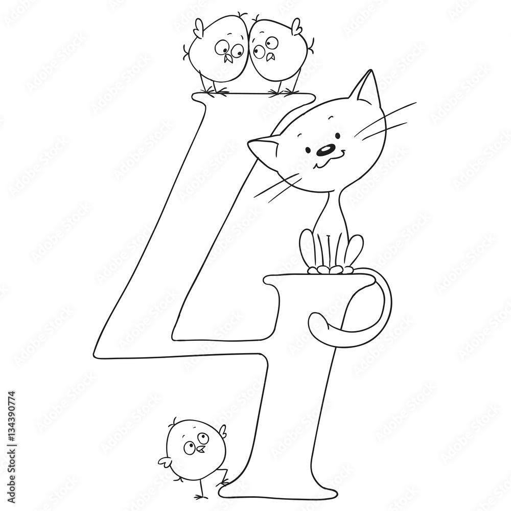 Number four. Cartoon animals and signs. Chicken and kitten. Funny ...