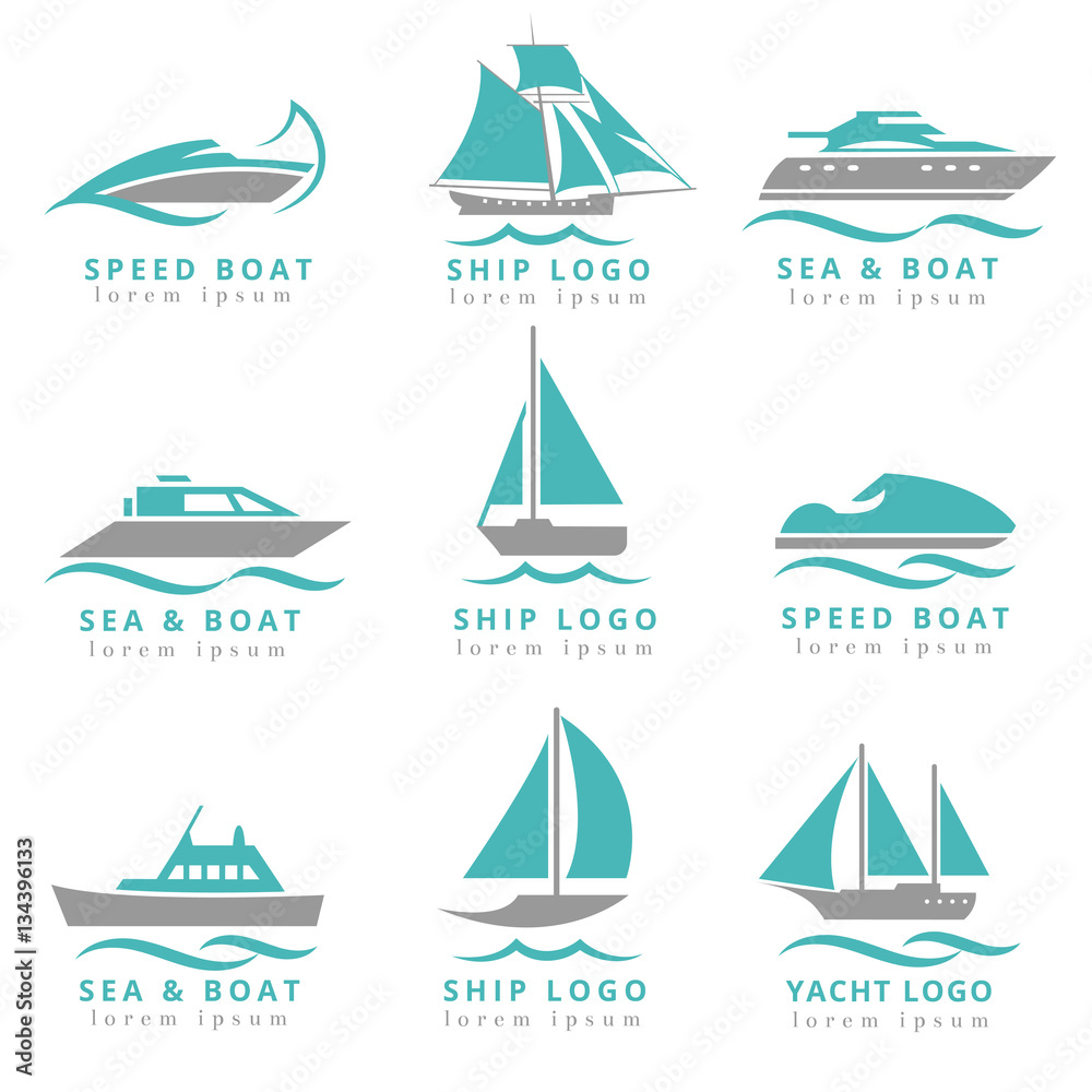 Boat logo and yacht label set. Fast motor, speedboats waves signs ...