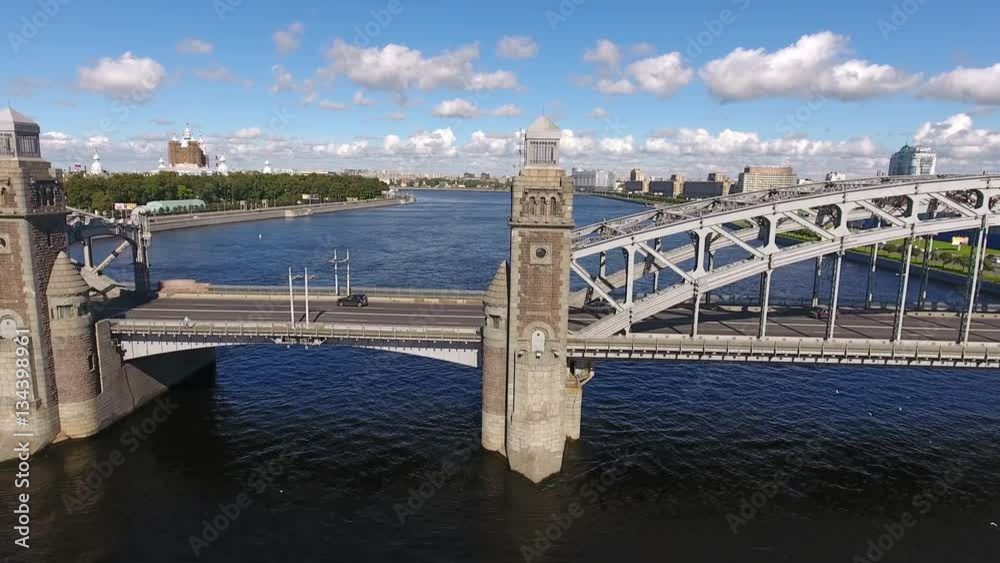 Three steel spans of the Bolsheokhtinsky Bridge. Side view from drone ...