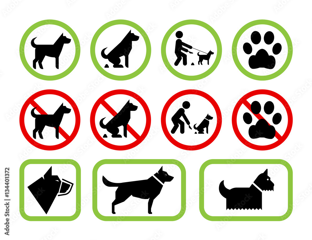 Set of pet friendly and pet restriction signs providing information for ...