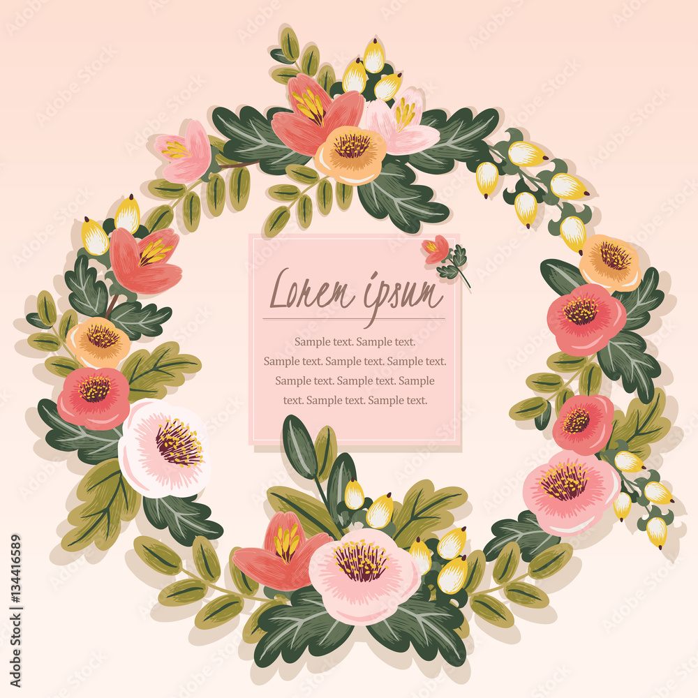 Vector illustration of a beautiful floral wreath. Light pink background ...