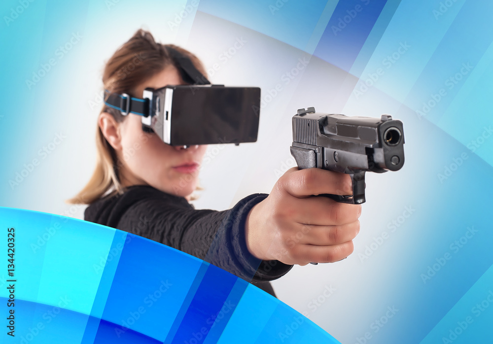 Woman play VR shooter game with virtual reality gun and vr glass Stock ...