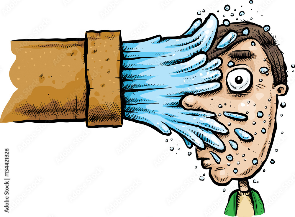A cartoon man is caught by surprise by water gushing out of a large ...