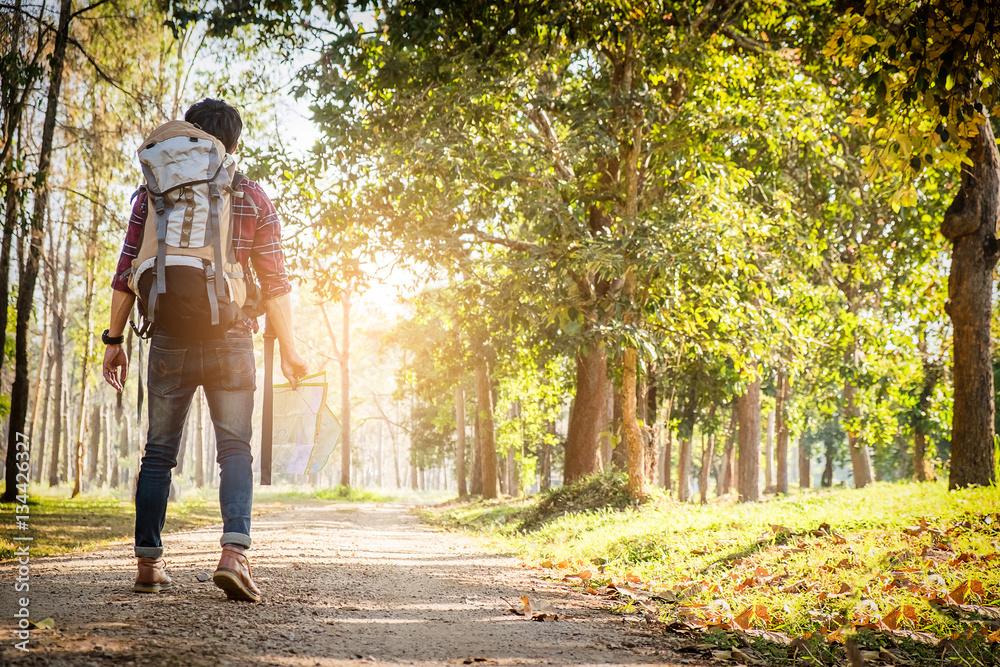 Young Man standing alone in forest outdoor with sunset nature on Stock ...