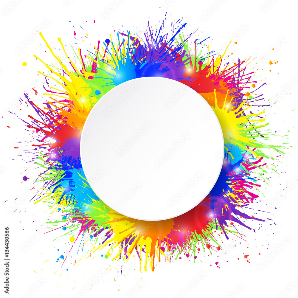 White round paper banner on vivid and colorful paint splashes ...