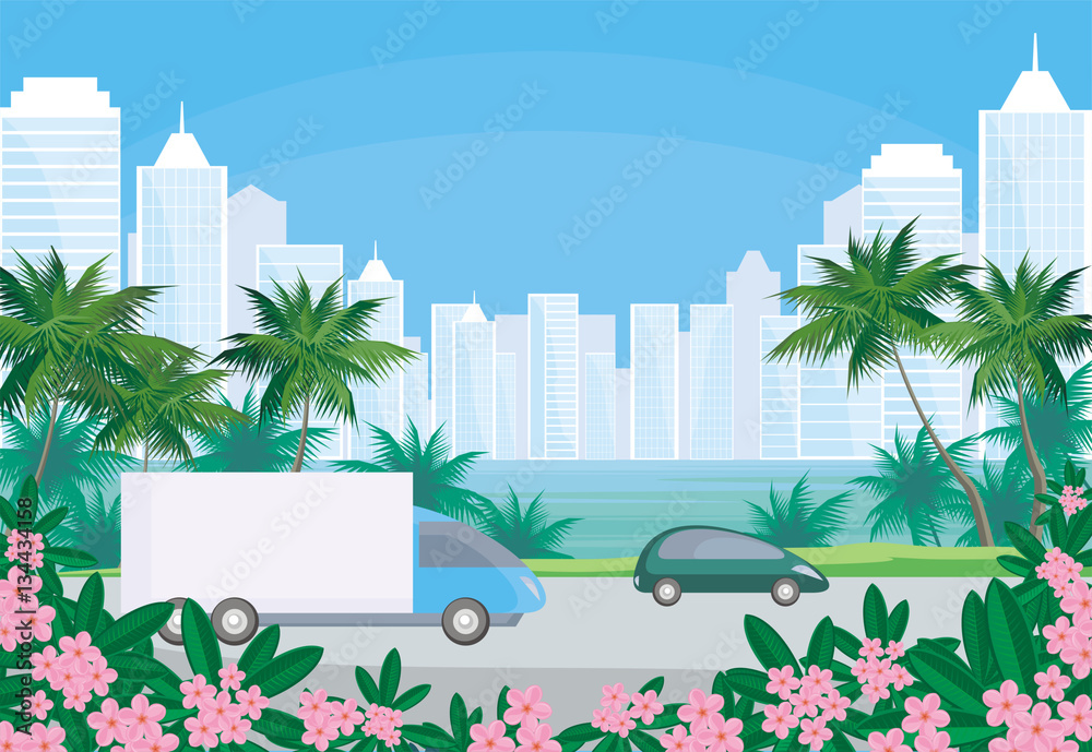 Abstract image of the southern seaside city. A city landscape with high ...