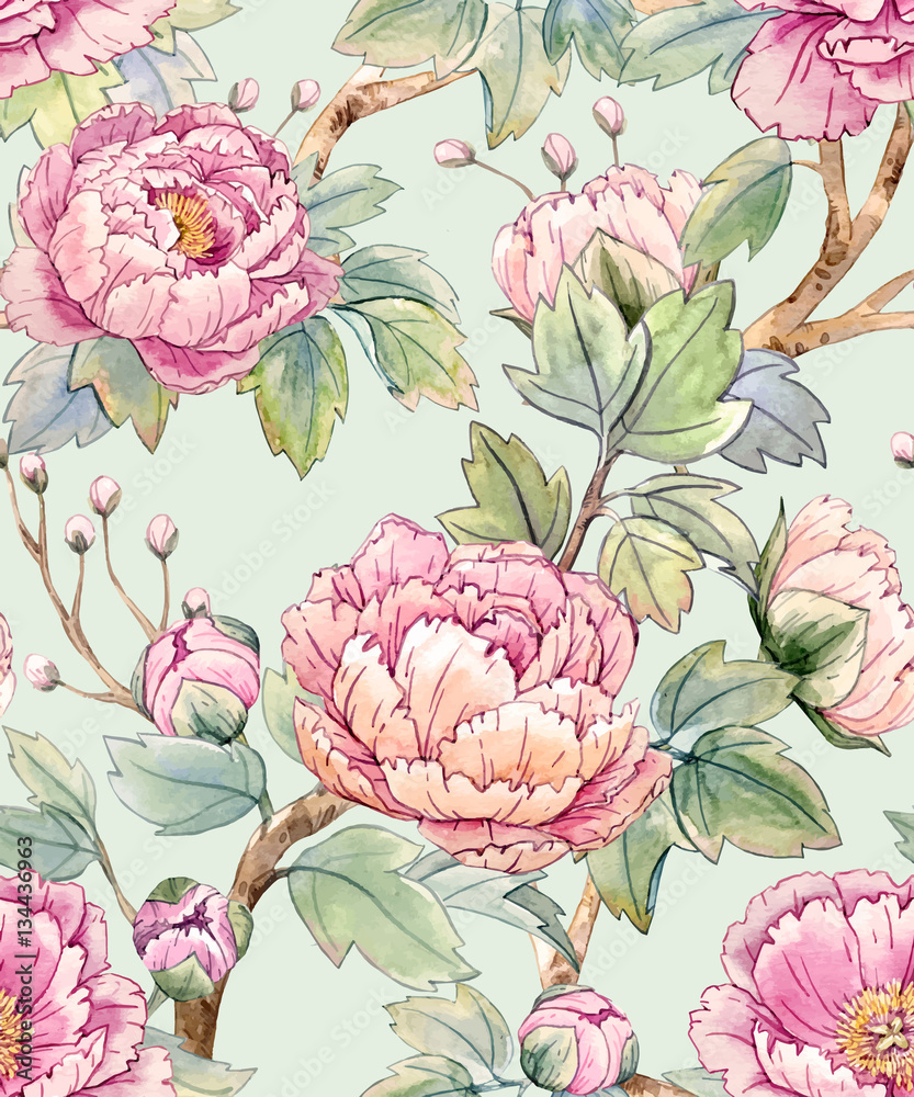 Watercolor floral chinese pattern Stock Vector | Adobe Stock