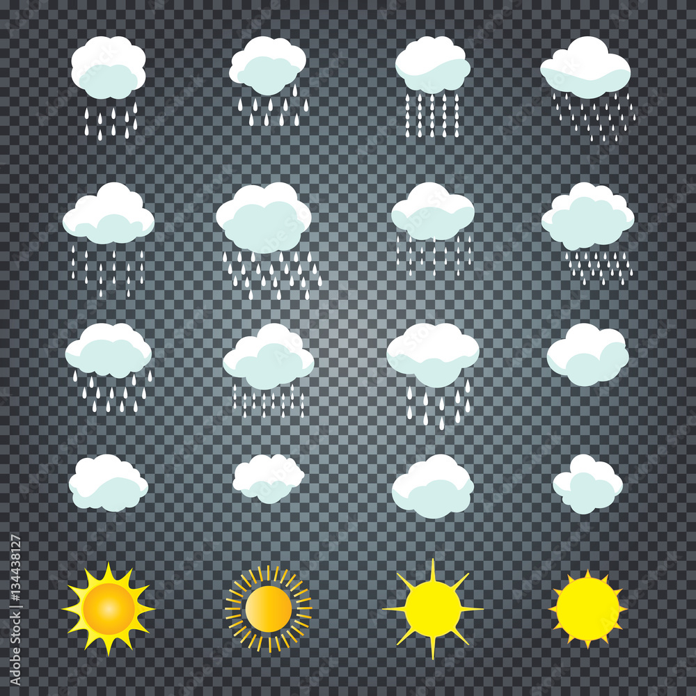 Cloud, Sun, Rain cloud vector icons set. Sky black transparent ...