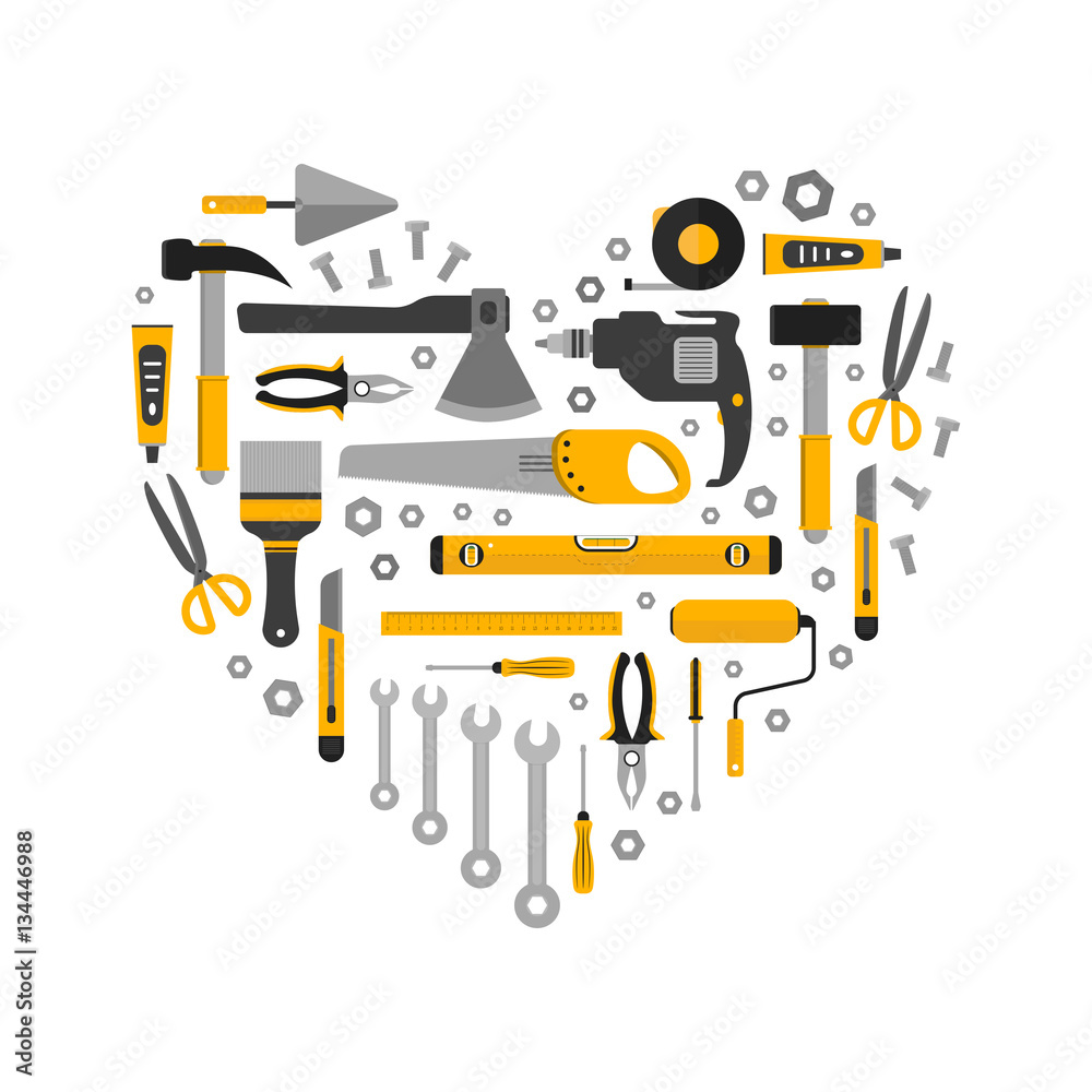 Flat set of working tools in heart shape. Icons design elements ...