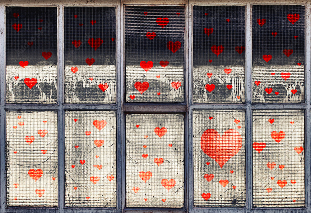 Old broken glass windows with illustrated red hearts symbols. Stock ...