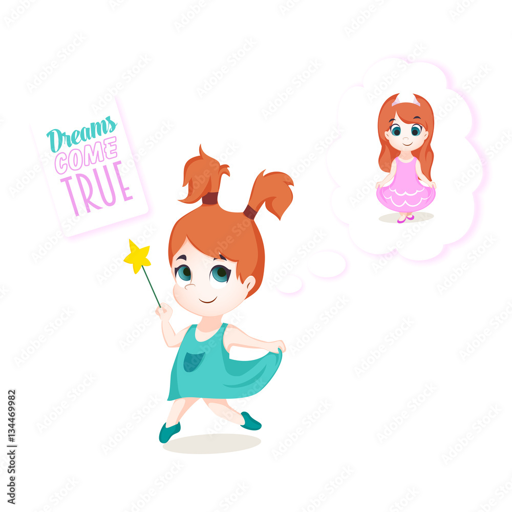 Dreaming cute little girl with magic wand. Vector illustration. Dreams ...
