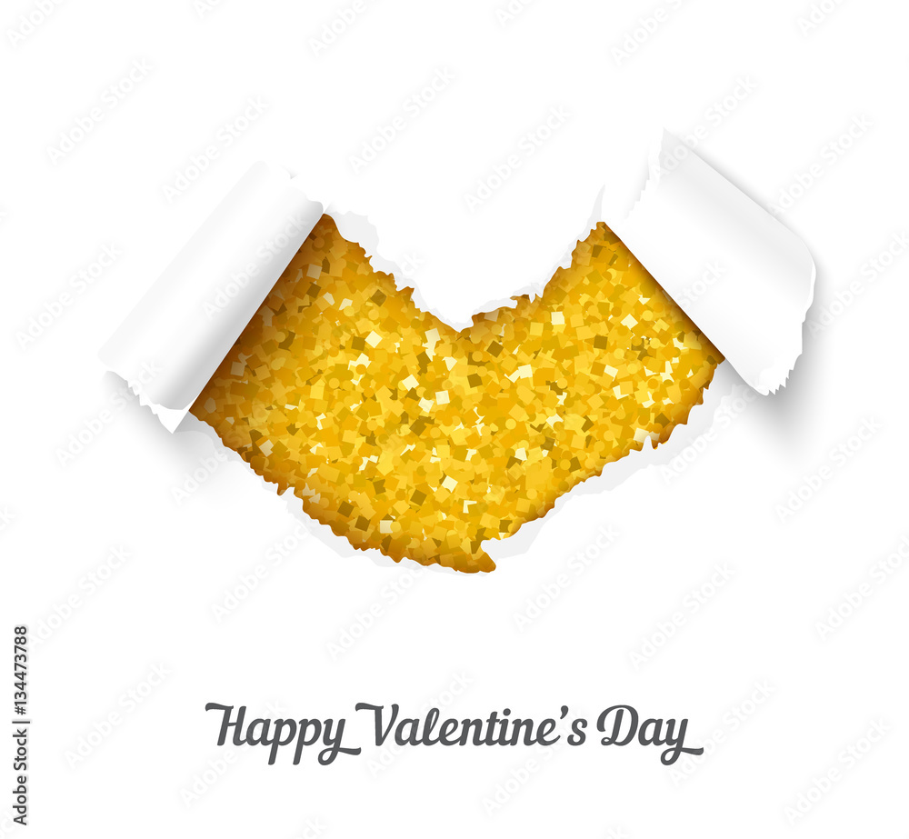 Torn paper heart over gold giller background, realistic vector ...