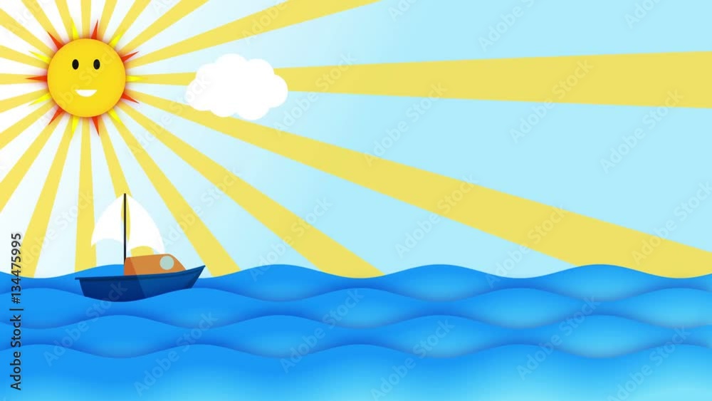 Cartoon Boat sailing slowly in the ocean over blue sky in sunny day ...