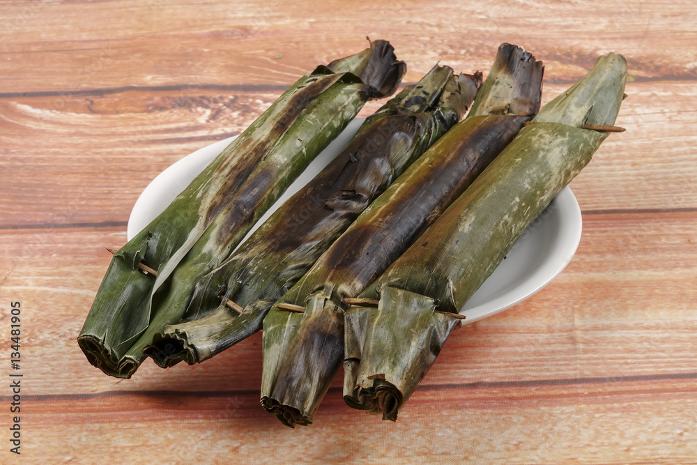 Pulut panggang or grilled glutinous rice package, Malay or Nonya ...