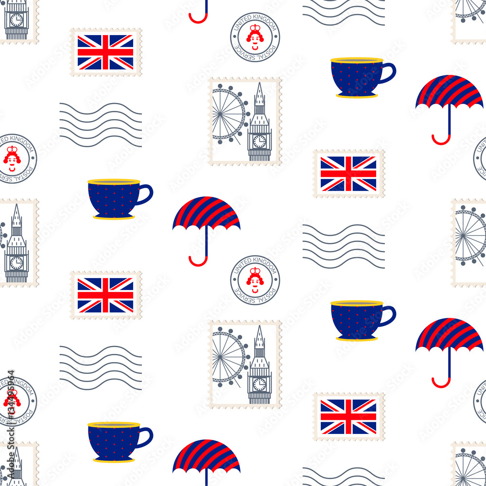 British symbols vector seamless pattern. Postal stamps, umbrella, flag ...