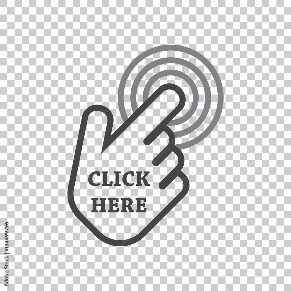 Click here icon. Hand cursor signs. Black button flat vector ...