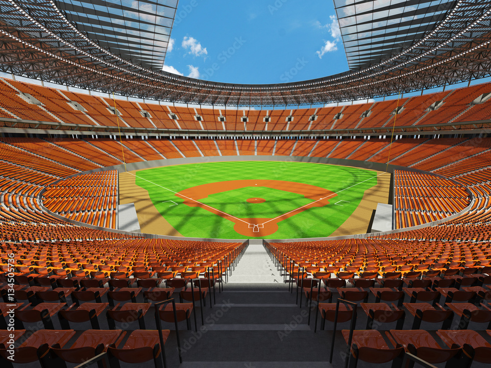 3D render of baseball stadium with orange seats and VIP boxes Stock ...
