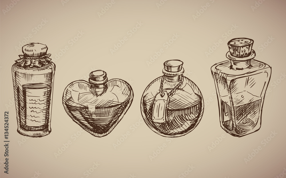 Vector seamless pattern with glass flasks. Magic potions: tubes and ...
